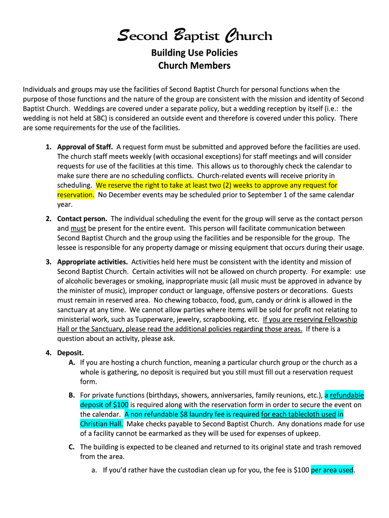 Fillable Online RESERVATION FORM - church members revised 2015 Fax ...