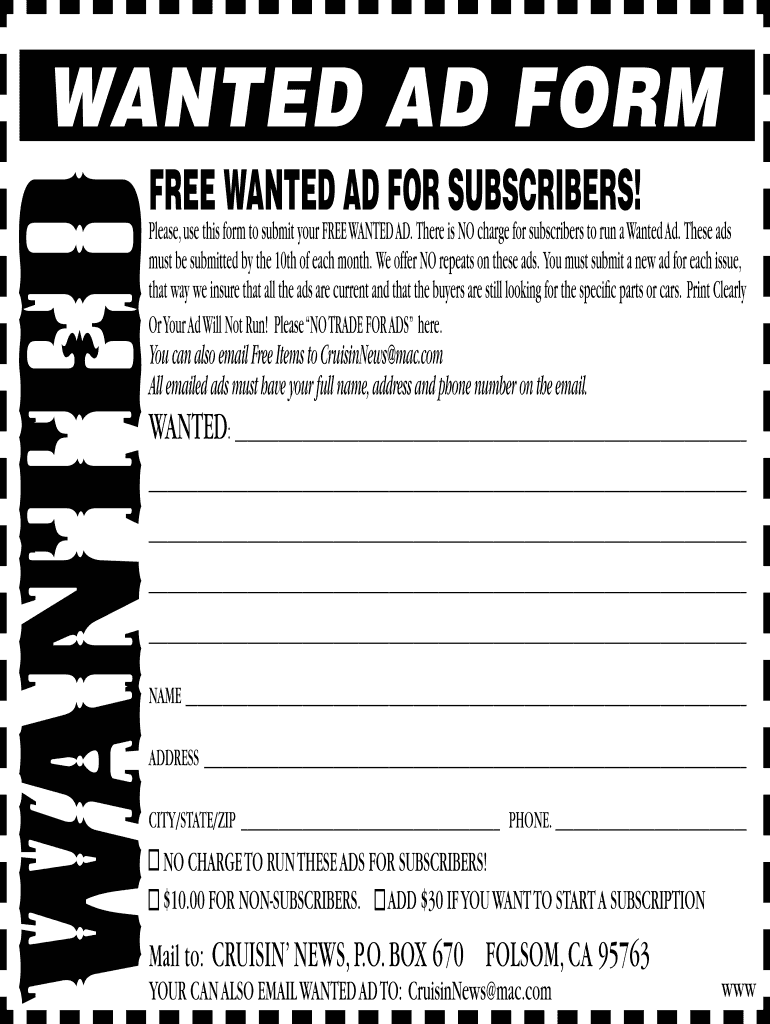 Fillable Online WANTED AD FORM FREE WANTED AD FOR SUBSCRIBERS WANTED ...