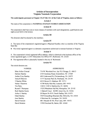 Fillable Online stanleyfamily Articles of Incorporation Virginia ...