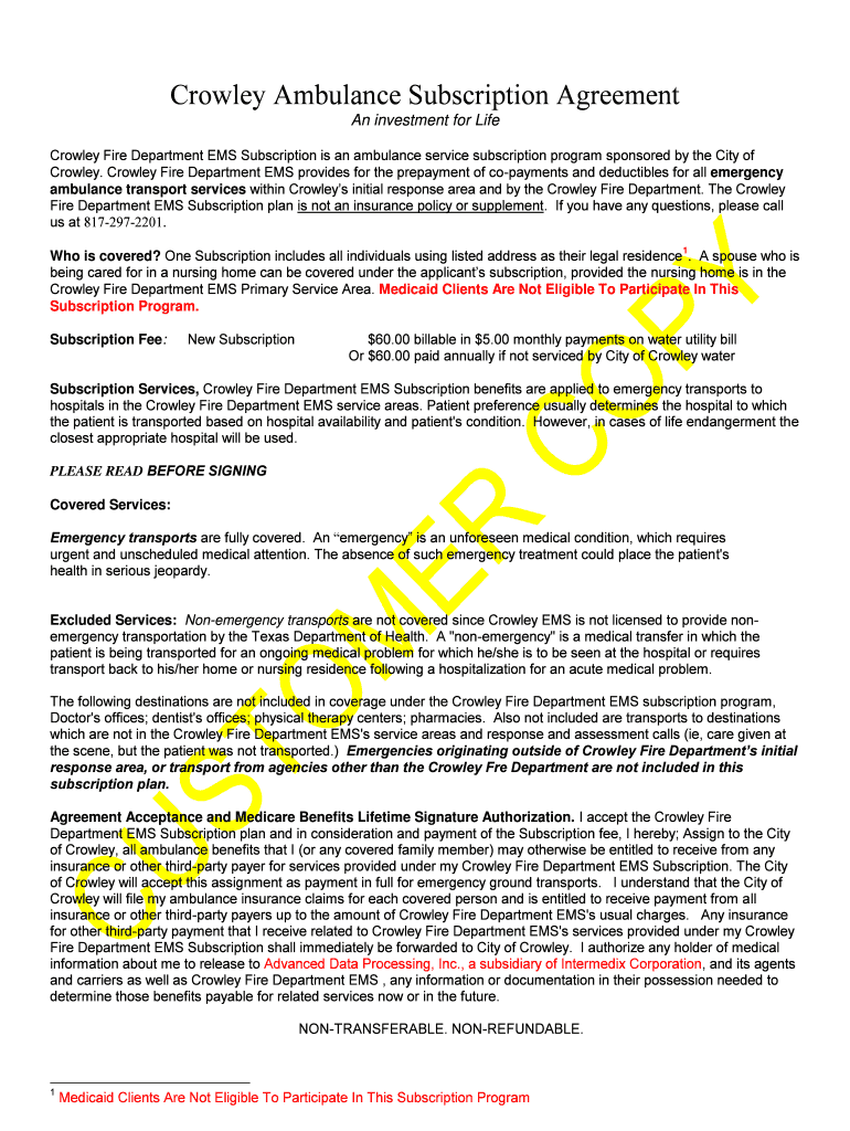 Fillable Online ci crowley tx BCrowleyb Ambulance Subscription ...