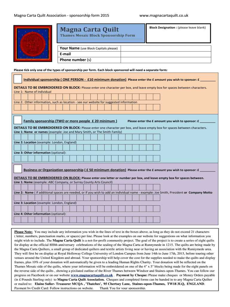 Fillable Online magnacartaquilt co Sponsorship Form - Magna Carta Quilt ...