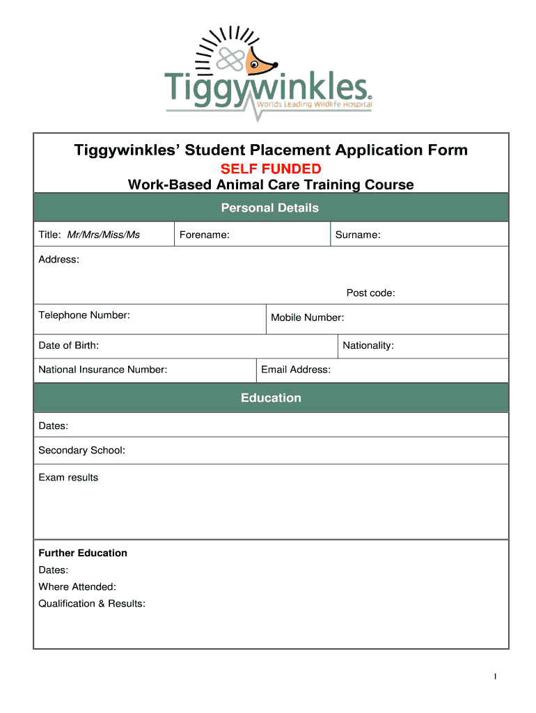 Fillable Online sttiggywinkles org Tiggywinkles Student Placement ...