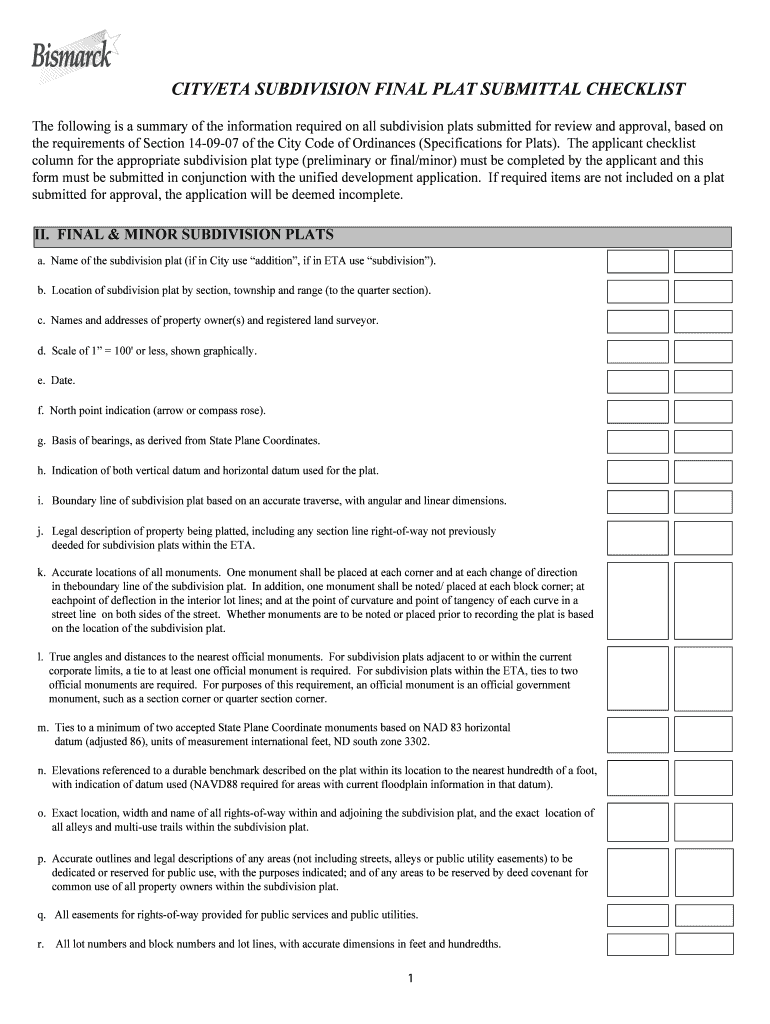 Fillable Online Cityeta subdivision final plat submittal checklist - Bismarck Fax Email Print ...