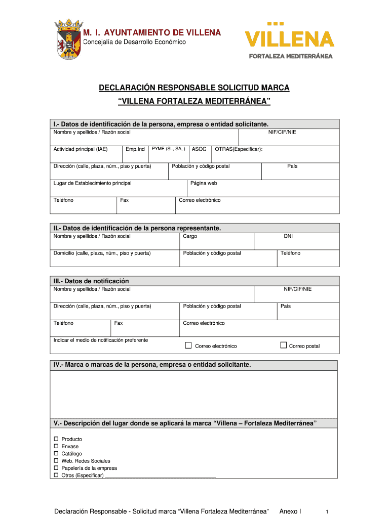 Completable En línea villena DECLARACI N RESPONSABLE SOLICITUD MARCA - Villena Fax Email ...