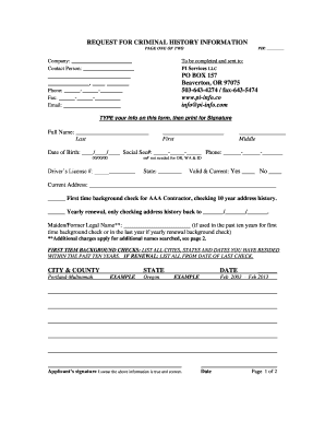 Fillable Online REQUEST FOR CRIMINAL HISTORY INFORMATION Fax Email ...