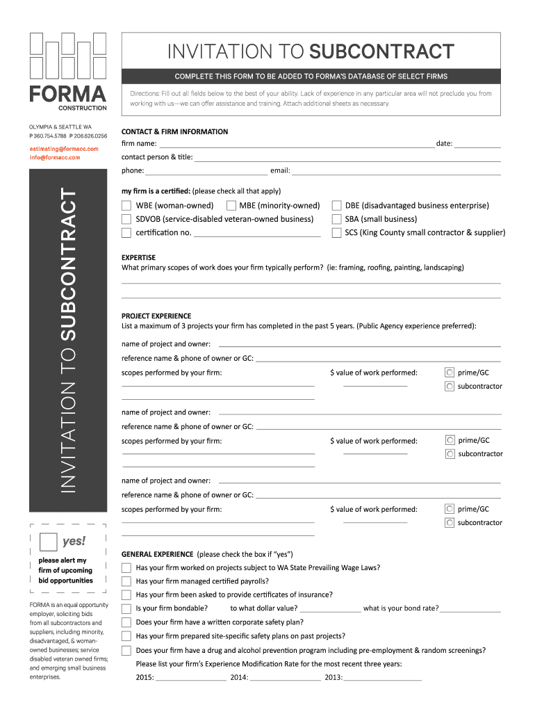 Fillable Online INVITATION TO SUBCONTRACT - Forma Fax Email Print - pdfFiller