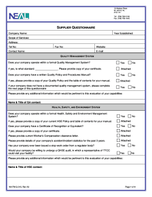 Fillable Online SUPPLIER QUESTIONNAIRE - NEAL Fax Email Print - pdfFiller