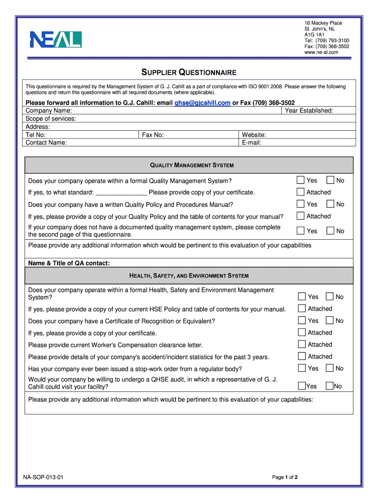 Fillable Online Supplier Questionnaire - NEAL Fax Email Print - pdfFiller