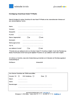 Ausfüllbar Online K ndigung Kabelanschluss - Technische Betriebe Glarus Nord Fax Email Drucken ...