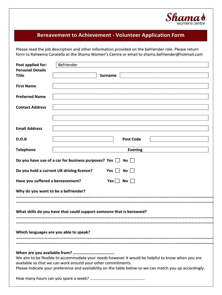 Fillable Online shamawomenscentre co Bereavement to Achievement ...