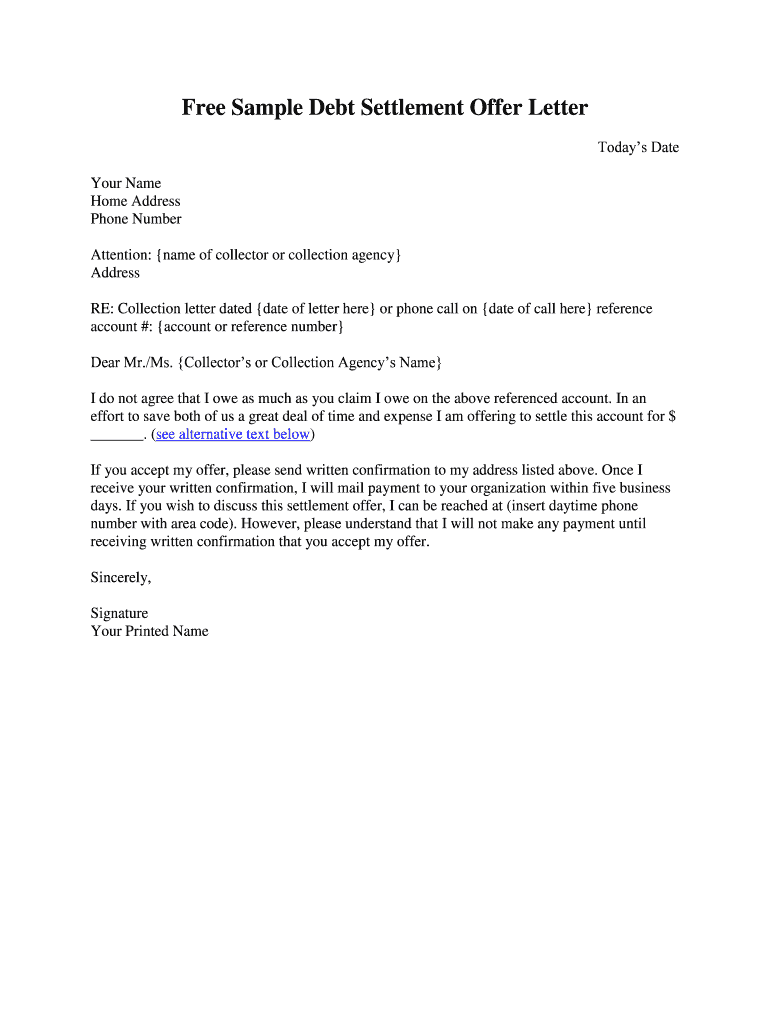 Fillable Online Free Sample Debt Settlement Offer Letter Fax Email ...