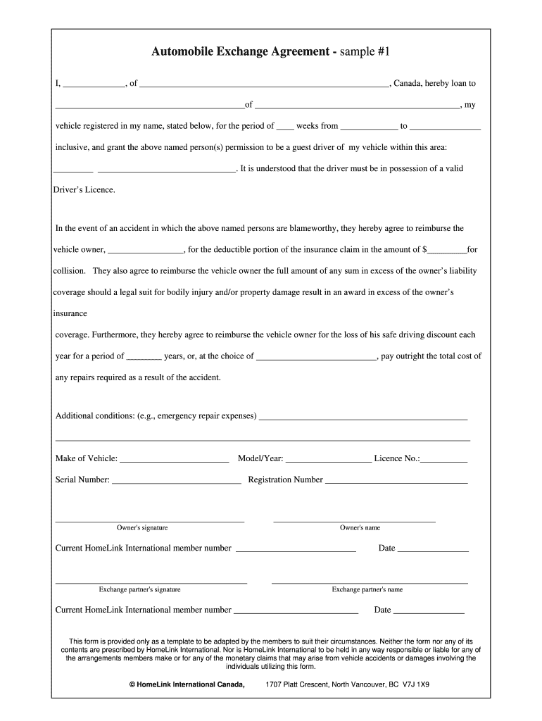 Fillable Online homelink Automobile Exchange Agreement - sample Fax Email Print - pdfFiller