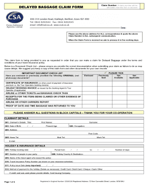 Fillable Online DELAYED BAGGAGE CLAIM FORM Claim Number Fax Email Print ...