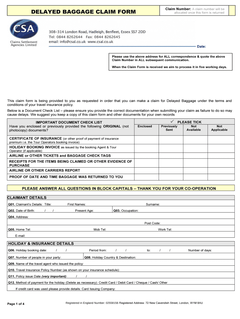Fillable Online DELAYED BAGGAGE CLAIM FORM Claim Number Fax Email Print ...