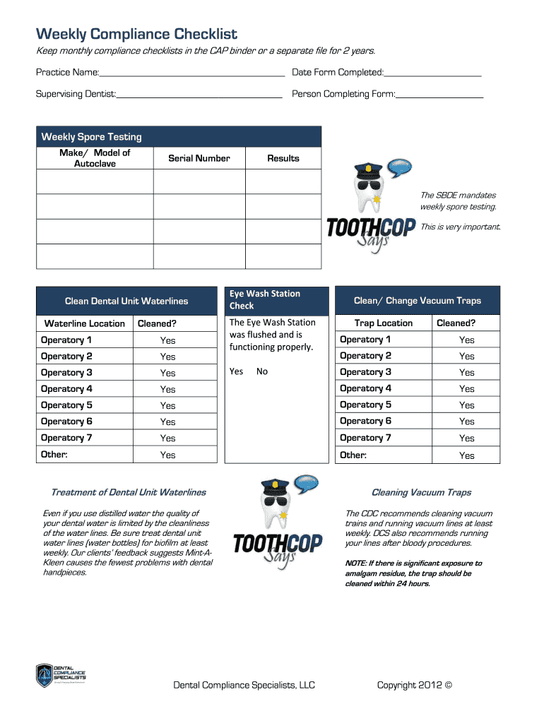 Fillable Online Weekly Compliance Checklist - Dental Compliance Hub Fax ...