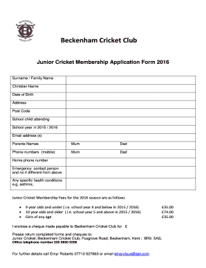 Fillable Online Junior Cricket Membership Application Form 2016 Fax ...