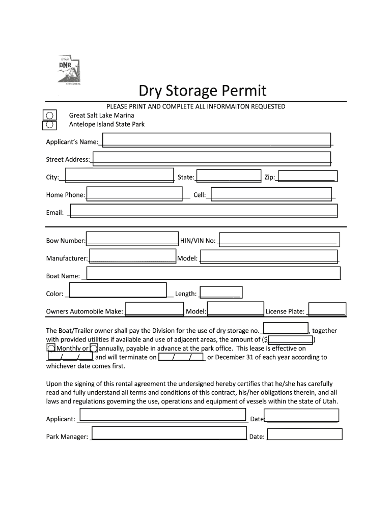 Fillable Online Dry Storage Permit - Great Salt Lake Marina Fax Email ...