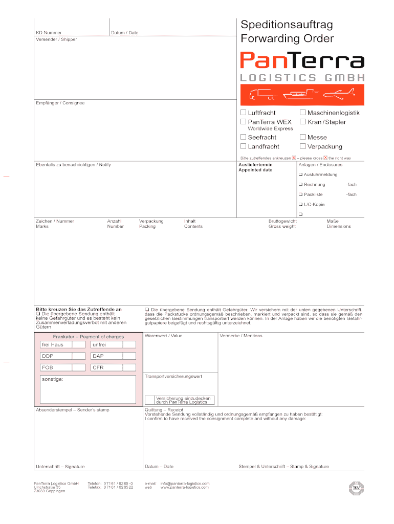 Ausfüllbar Online Speditionsauftrag Forwarding Order - bpanterrab ...