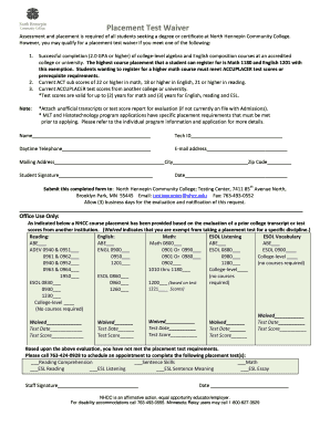 Fillable Online Placement Test Waiver Assessment and placement is ...