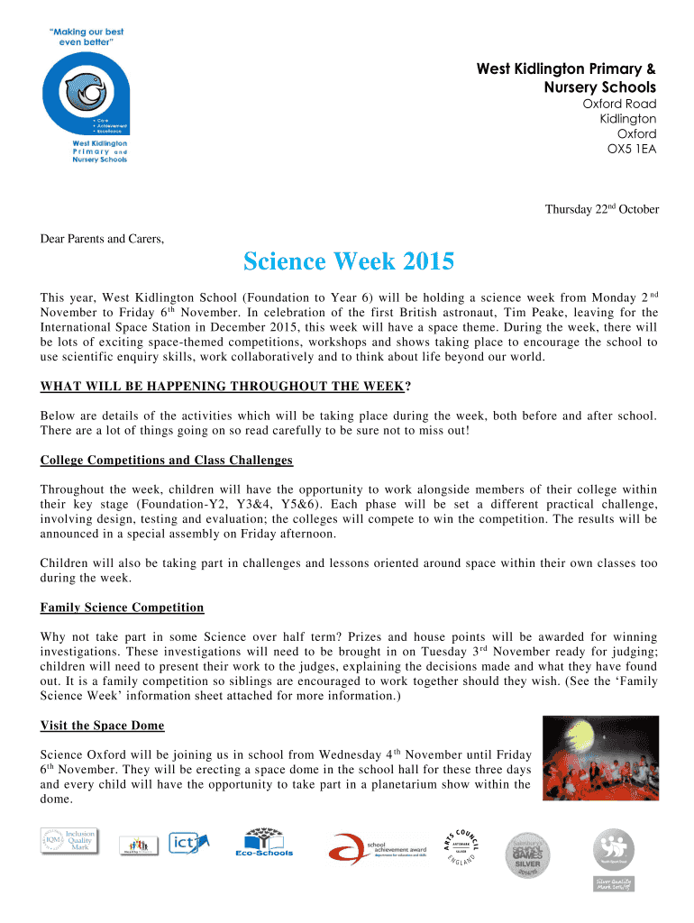 Fillable Online west-kidlington oxon sch Science Week Letter - West ...