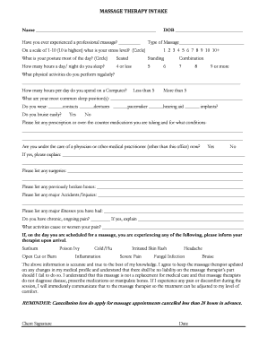 Fillable Online MASSAGE THERAPY INTAKE - Howard County Chiropractic Fax Email Print - pdfFiller