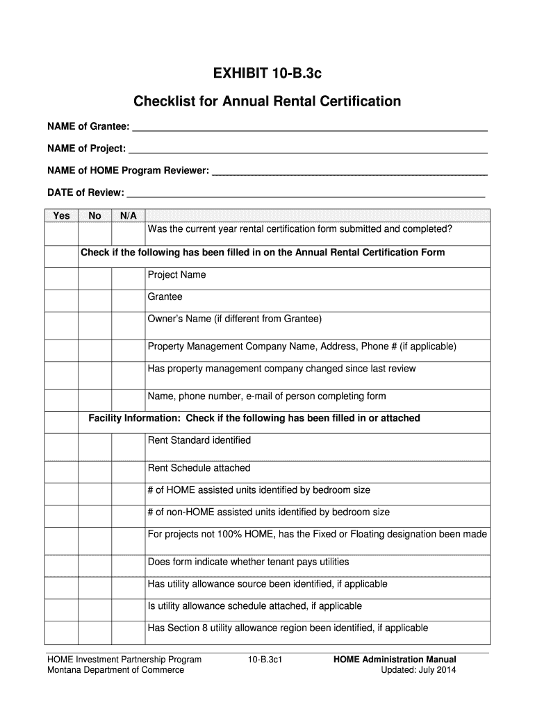 Fillable Online comdev mt EXHIBIT 10-B3c Checklist for Annual Rental Certification - Montana bb ...