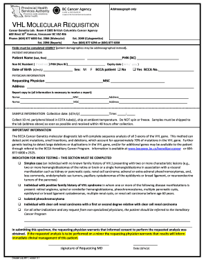 Fillable Online Addressograph only VHL MOLECULAR REQUISITION ...