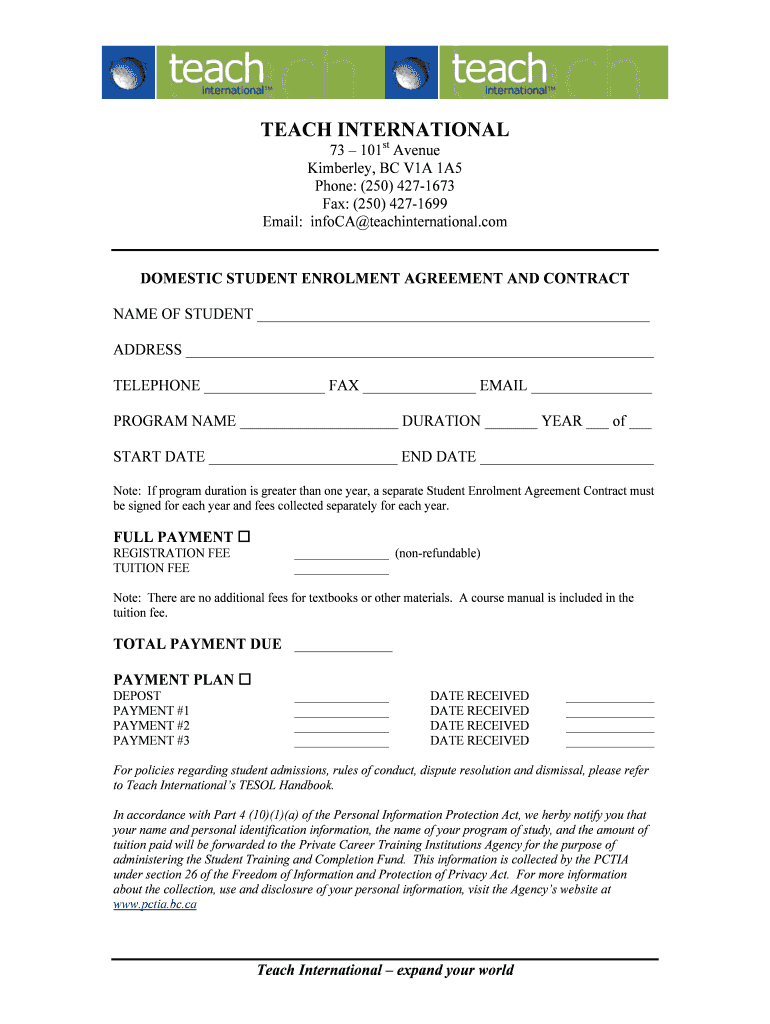Fillable Online Pctia - student contract - Teach International Fax ...