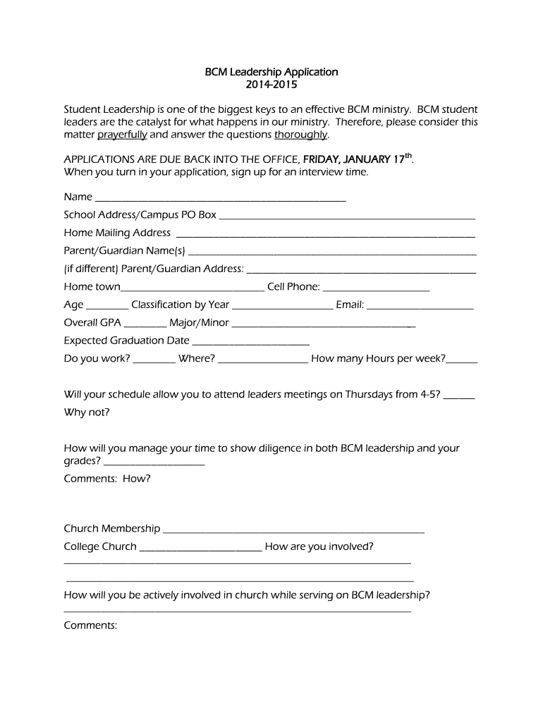Fillable Online latechbcm BCM Leadership 2014-2015 Application - La ...