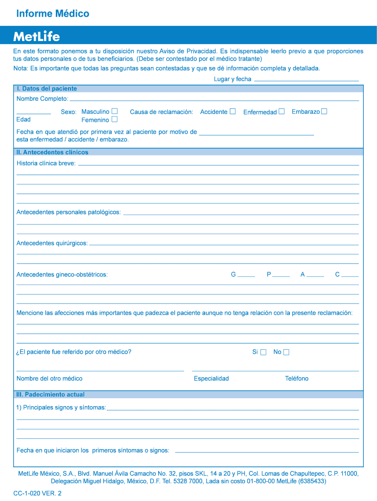 Fillable Online Informe Mdico - MetLife Fax Email Print - pdfFiller