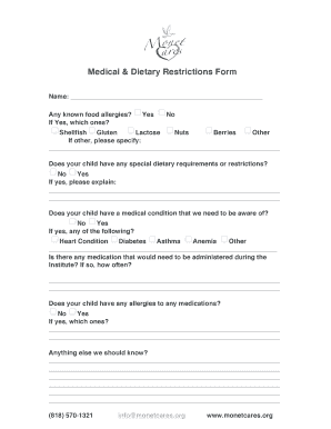 Fillable Online monetcares MEDICAL amp DIETARY RESTRICTIONS FORM ...