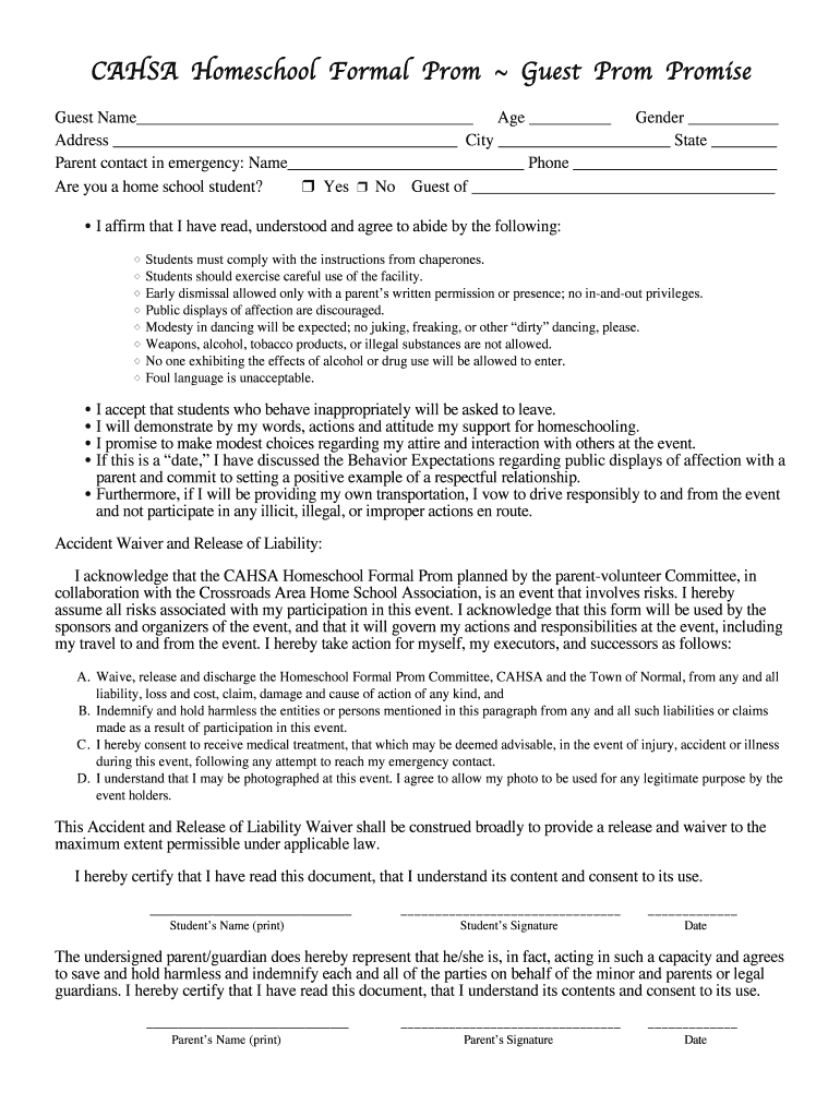 Fillable Online cahsa BCAHSAb Homeschool Formal Prom Guest Prom Promise ...