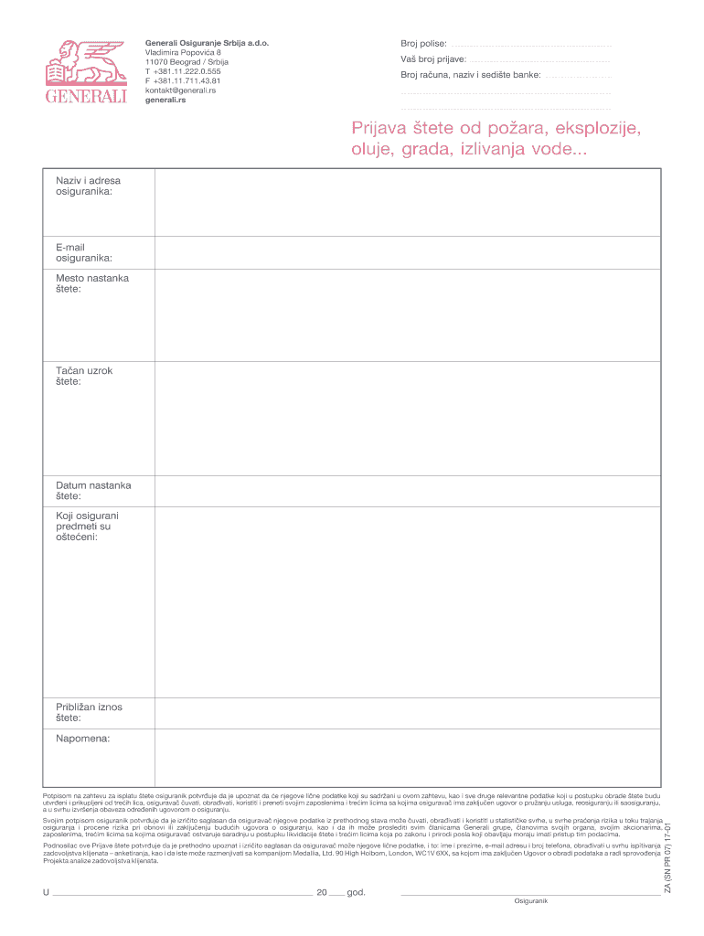 Fillable Online generali ZA SN PR 07 17-01 PRIJAVA stete od pozara eksplozije oluje grada ...