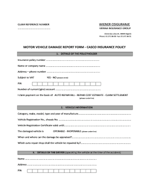 Fillable Online wiener MOTOR VEHICLE DAMAGE REPORT FORM - CASCO ...