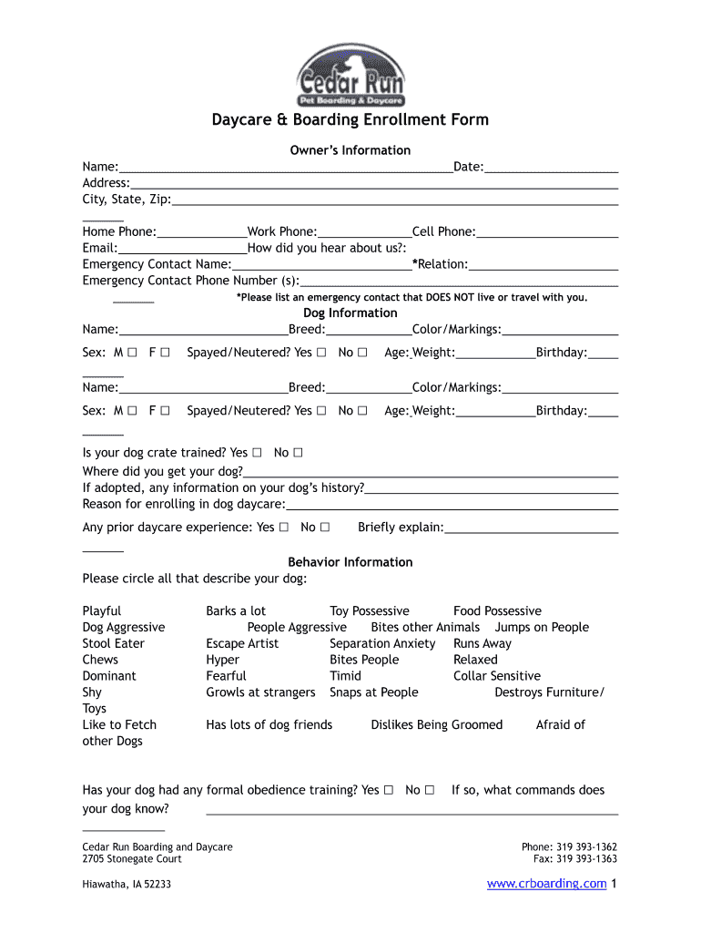 Fillable Online Daycare amp Boarding Enrollment Form Fax Email Print ...
