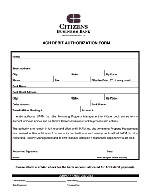 Fillable Online ACH DEBIT AUTHORIZATION FORM - barmstrongb-bmgmtbbcomb Fax Email Print - pdfFiller