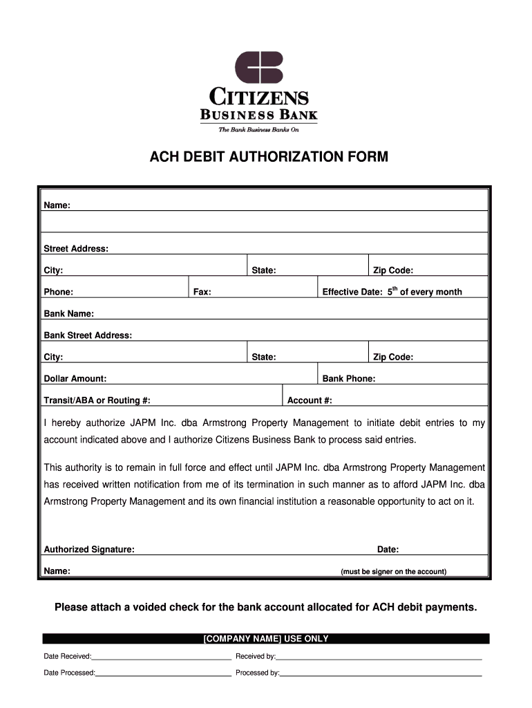 Fillable Online ACH DEBIT AUTHORIZATION FORM - barmstrongb-bmgmtbbcomb ...