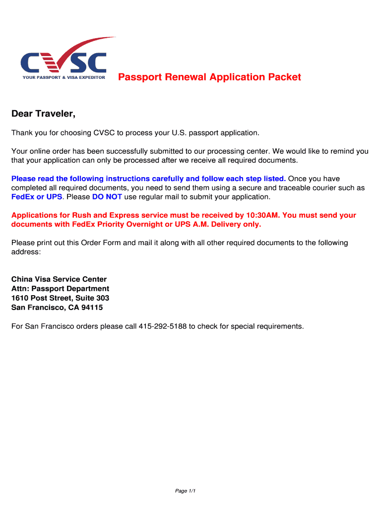 Fillable Online Passport Renewal Application Packet Dear Traveler, Thank you for choosing CVSC ...
