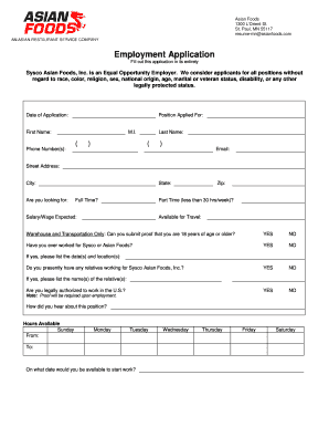 Fillable Online Employment Application - Asian Foods Fax Email Print ...