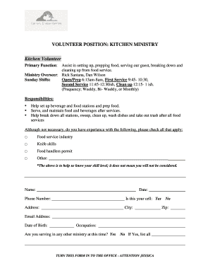 Fillable Online VOLUNTEER POSITION KITCHEN MINISTRY Kitchen Volunteer ...