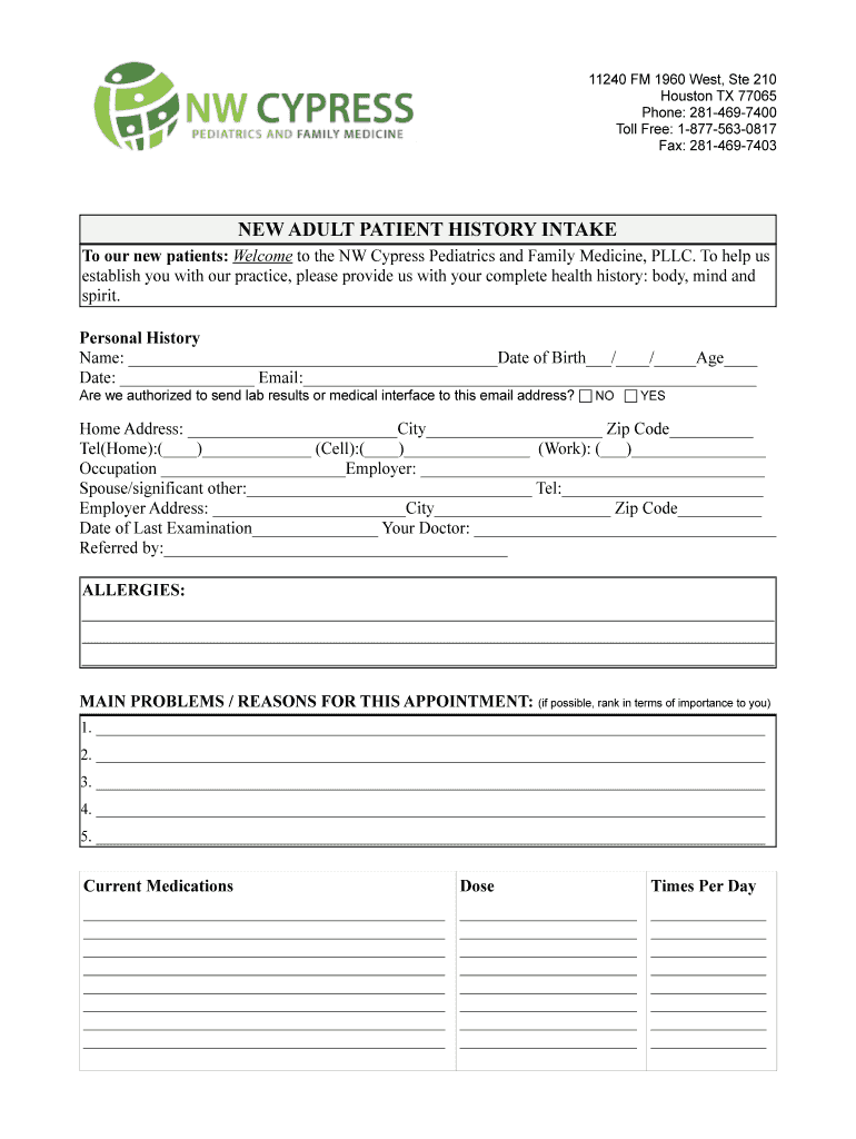 Fillable Online New Patient Packet-Adults - NW Cypress Pediatrics and ...