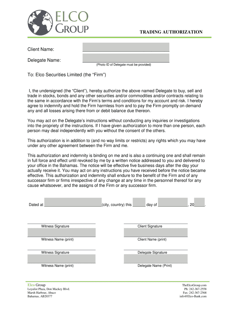 Fillable Online TRADING AUTHORIZATION Client Name ... - The Elco Group ...