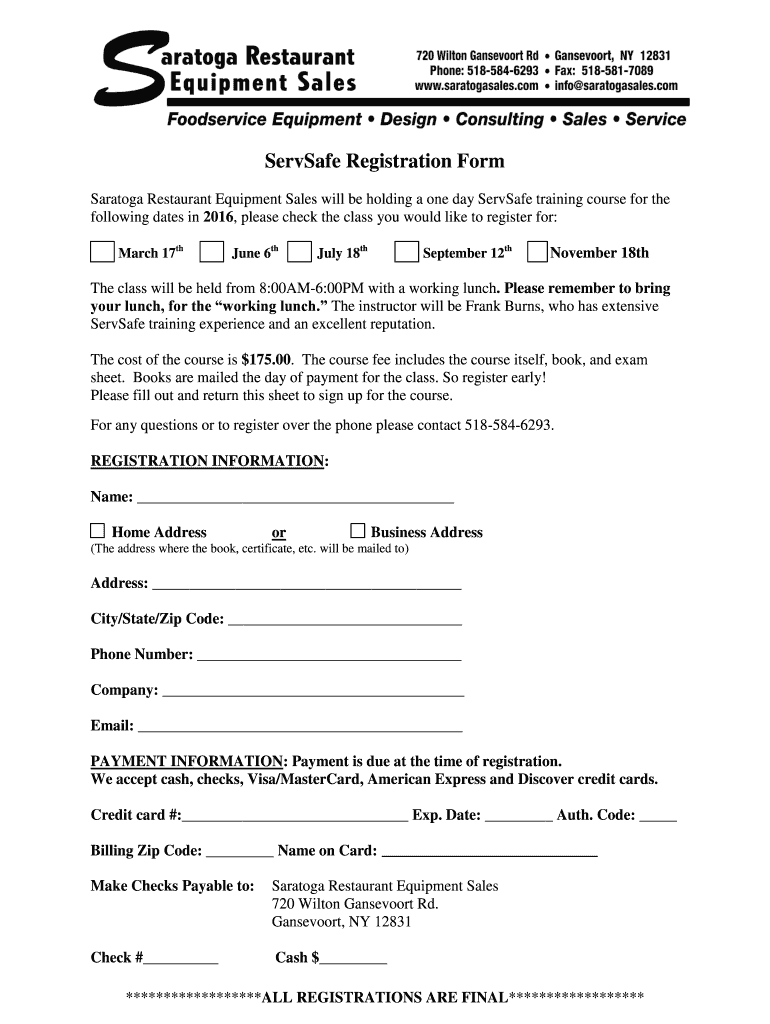 Fillable Online ServSafe Registration Form - Services Fax Email Print ...