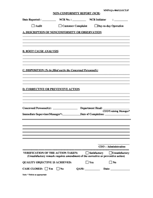 Fillable Online NON-CONFORMITY REPORT NCR Date Reported NCR No NCR Fax ...