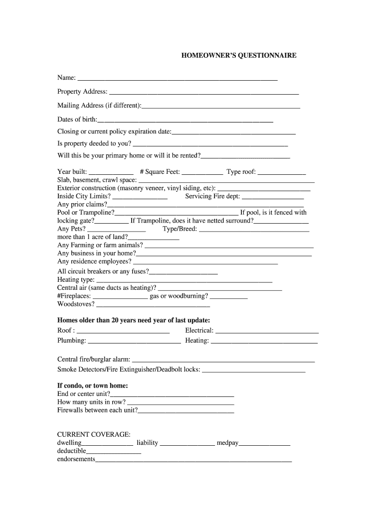 Fillable Online Homeowner Questionnaire - Godwin Insurance Agency Fax ...