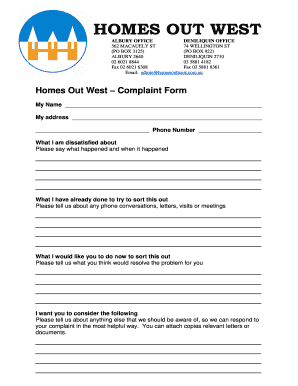 Fillable Online Homes Out West Complaint Form Fax Email Print - pdfFiller