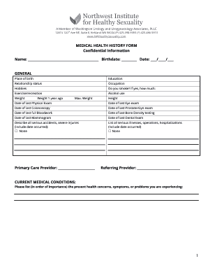 Fillable Online MEDICAL HEALTH HISTORY FORM Confidential Information Name Fax Email Print ...