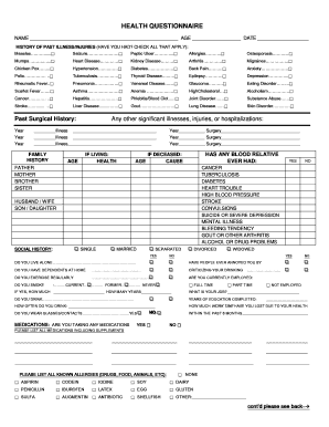Fillable Online HEALTH QUESTIONNAIRE NAME AGE DATE HISTORY OF PAST ...