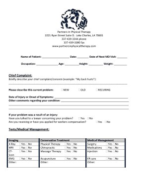 Fillable Online Chief Complaint - Partners In Physical Therapy Fax ...
