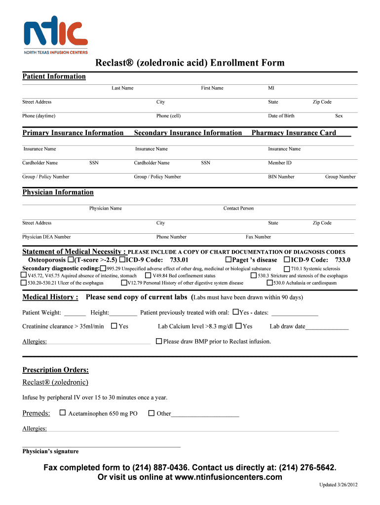 Fillable Online Reclast Referral Form REV2 Fax Email Print - pdfFiller